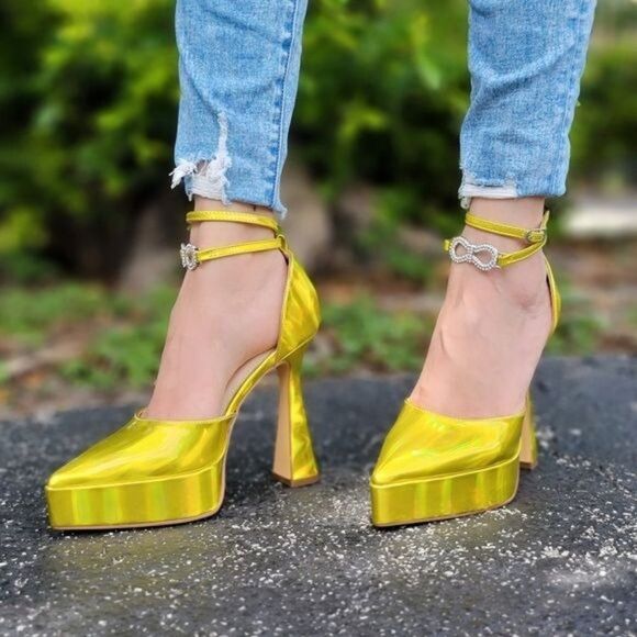 Shoes | Womensdouble Sole Pointy Platform Heels Yellow Hologram Color ...